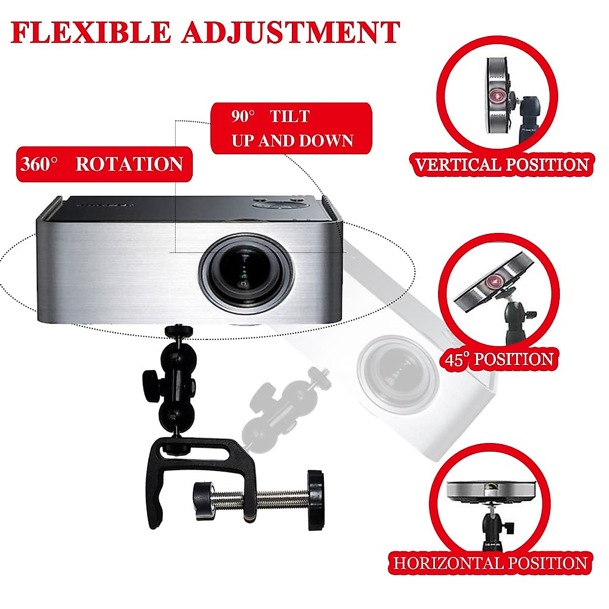 2-Be-Best Mini Projector Mount, Articulating Clamp Mount, 360 Flexible, Compatible with Projector, Camera, LED Light, 1 Year Warranty