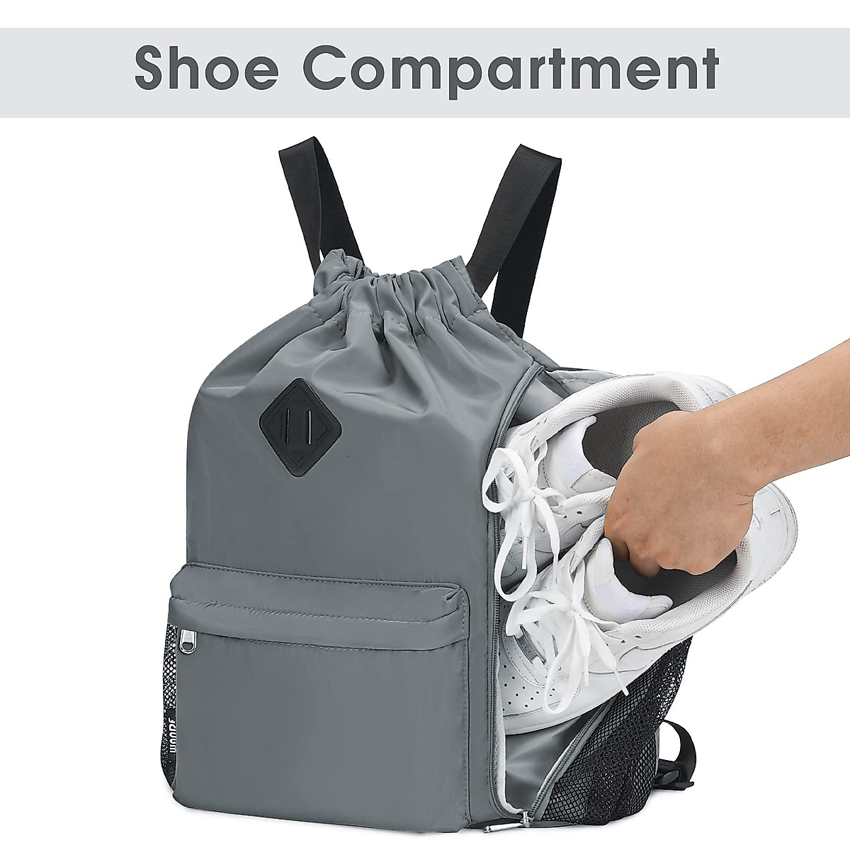 WANDF Drawstring Backpack Sports Gym Bag with Shoes Compartment, Water-Resistant String Backpack Cinch for Women Men(Large,Grey)