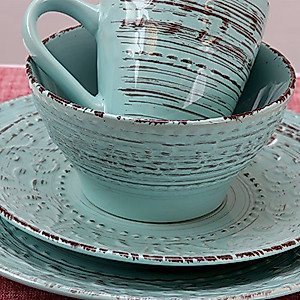 Elama Embossed Stoneware Ocean Dinnerware Dish Set, 16 Piece, Turquoise