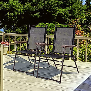 BestComfort Patio Folding Chairs Set of 2, Portable Sling Chairs with Armrest Metal Frame, Indoor Outdoor Lawn Chairs, Folding Chairs for Yard Garden Poolside Beach Camping, No Assembly, Black