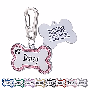 Aimeng Personalized Stainless Steel Pet ID Tags with Glittery Bone Design - DEEP Engraved Dog Tags Engraved for Pets Customized with 5 Lines Dogs and Cats Pets Gift (Large, Pink)