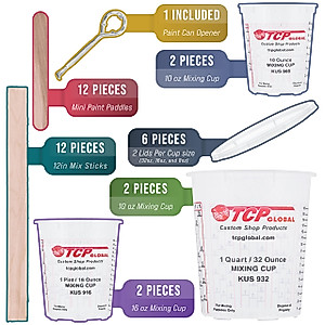 TCP GLOBAL Premium Paint Mixing Essentials Kit. Comes with 12 Mixing Cups, 6 Lids, 12 Wooden 12" Mixing Sticks, 12 Wooden Mini Mixing Paddles, 12 HQ 190 Mesh Paint Strainers & Paint Can Opener.