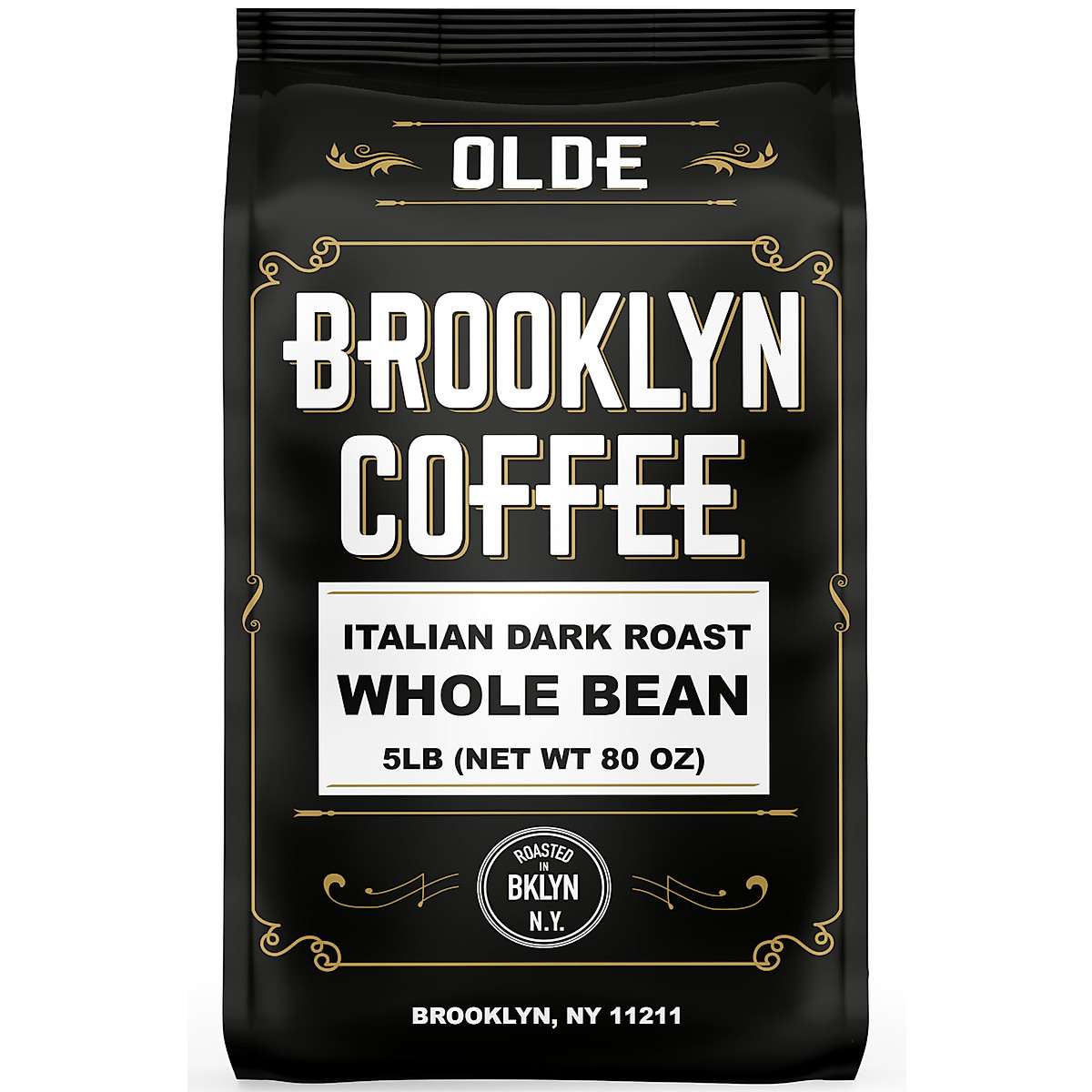 BROOKLYN COFFEE Whole Bean, Italian Dark Roast (5lb) Extra Strong, Delicious Taste, Heavenly Aroma - Fresh Bulk Coffee Beans Roasted Weekly in NYC