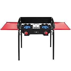 Hike Crew Cast Iron Double-Burner Outdoor Gas Stove | 150,000 BTU Portable Propane-Powered Cooktop with Removable Legs, Temperature Control Knobs, Wind Panels, Hose, Regulator & Storage Carry Case