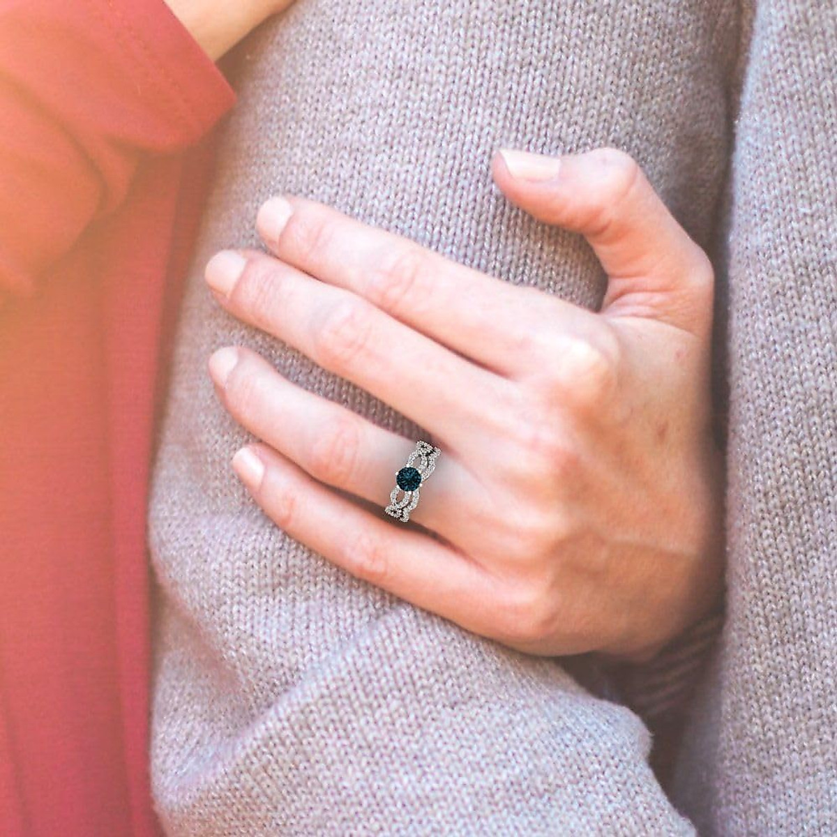 Clara Pucci 1.65ct Round Cut Laser Engraving Halo Natural London Blue Topaz Designer Statement Curved Ring Band Set 18K White Gold Size 4