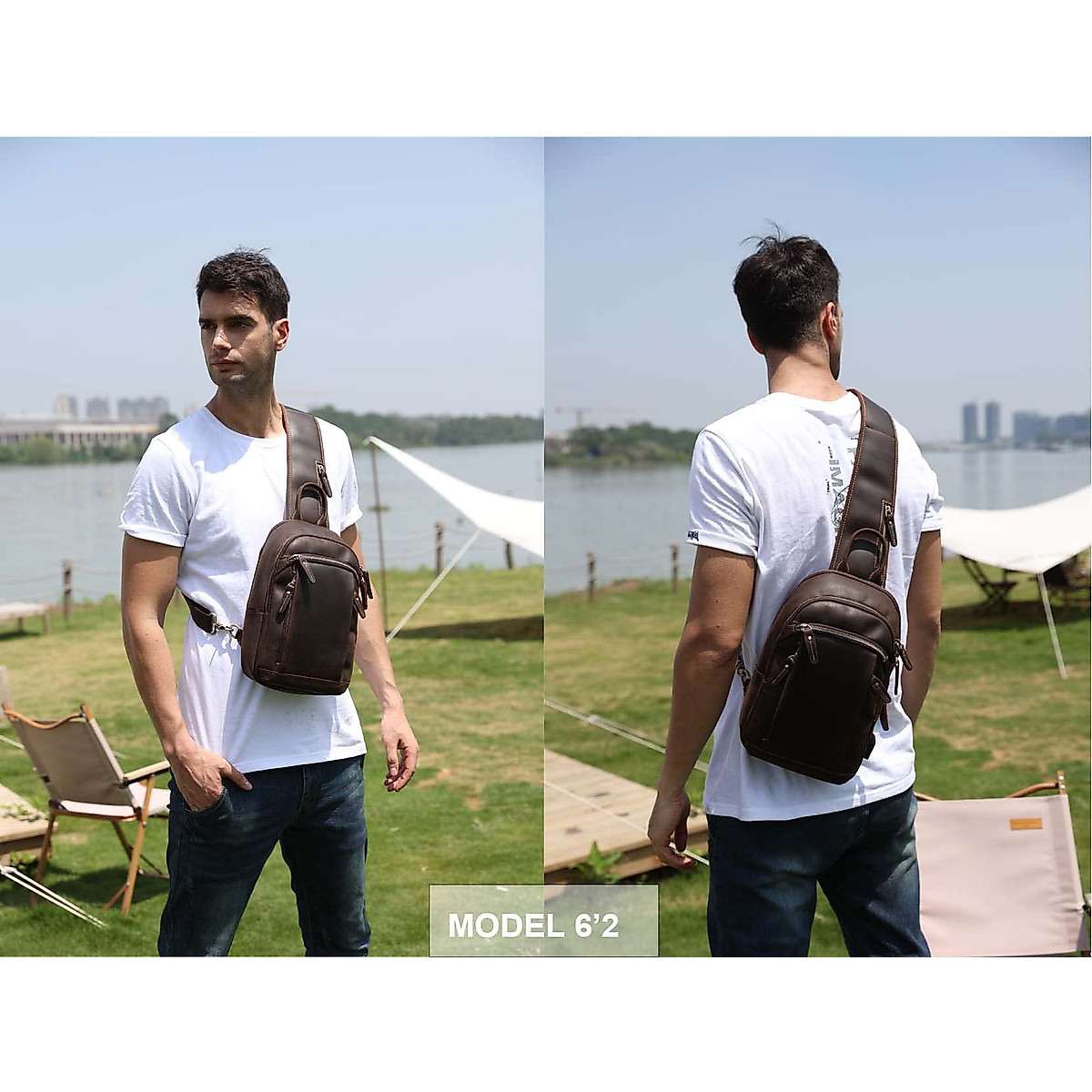 Taertii Full Grain Genuine Leather Sling Bag, Vintage Crossbody Shoulder Backpack Travel Bag Daypack For 10.5 inch iPad, Brown