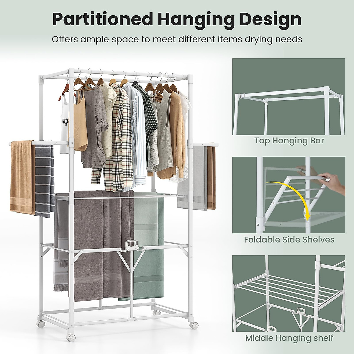 GOFLAME Foldable Clothes Drying Rack, Collapsible Laundry Rack Stand with Hanging Rods, Folding Side Shelves, Removable Middle Shelf, Garment Drying Rack with 4 Universal Wheels for Indoor Outdoor Use