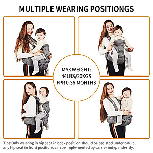 JooBebe Baby Hip Seat Carrier - 6 in 1 Front Back Breathable Polyester Ergonomic Hipseat Infant Backpack Carrier with Adjustable Straps Detachable Hood for Newborn 4 to 36 Months,4 Season/Gray