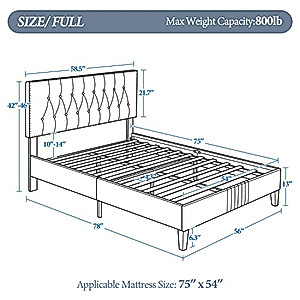 Yaheetech Full Bed Frame Faux Leather Upholstered Platform Bed with Height-Adjustable Headboard, Button Tufting & Nailhead Trim/Noise-Free/Wood Slats Support/No Box Spring Needed, Black Full Bed