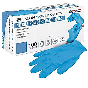 Salon World Safety Blue Nitrile Disposable Gloves, Box of 100, Size Medium, 3.5 Mil - Latex Free, Textured, Food Safe