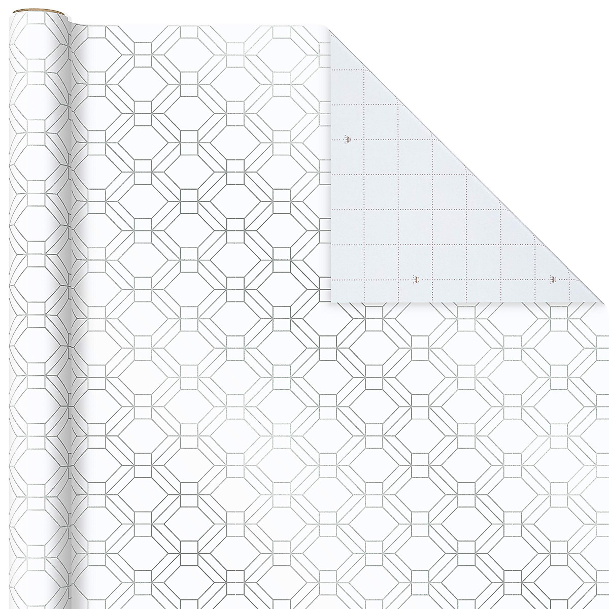 Hallmark Silver and White Wrapping Paper with Cutlines on Reverse (3 Rolls: 105 sq. ft. ttl) Stripes, Dots, Geometric for Weddings, Christmas, Hanukkah, Bridal Showers, Birthdays