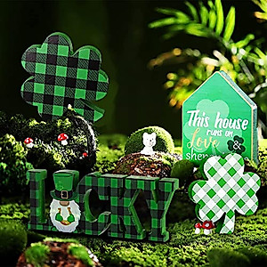 BOBOBOX 3 Pcs St Patric Day Table Signs Decoration, Shamrock Wooden Lucky Table Decor Irish Freestanding Tiered Tray Tabletop Decorations for St. Patrick's Day Party Home Table Decor