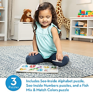 Melissa & Doug Classic Wooden Peg Puzzles (Set of 3) - Numbers, Alphabet, and Colors - Toddler Learning Toys, Alphabet And Numbers Puzzles For Kids Ages 3+