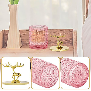 Tonxus 2-Pack Glass Qtip Holder Dispenser Set,Apothecary Jars with Gold Metal Lid,Cute Bathroom Qtips Jars,Cotton Ball Organizer for Cotton Swab,Round Pads,Floss Picks,Bath Salt,Makeup (Pink A)