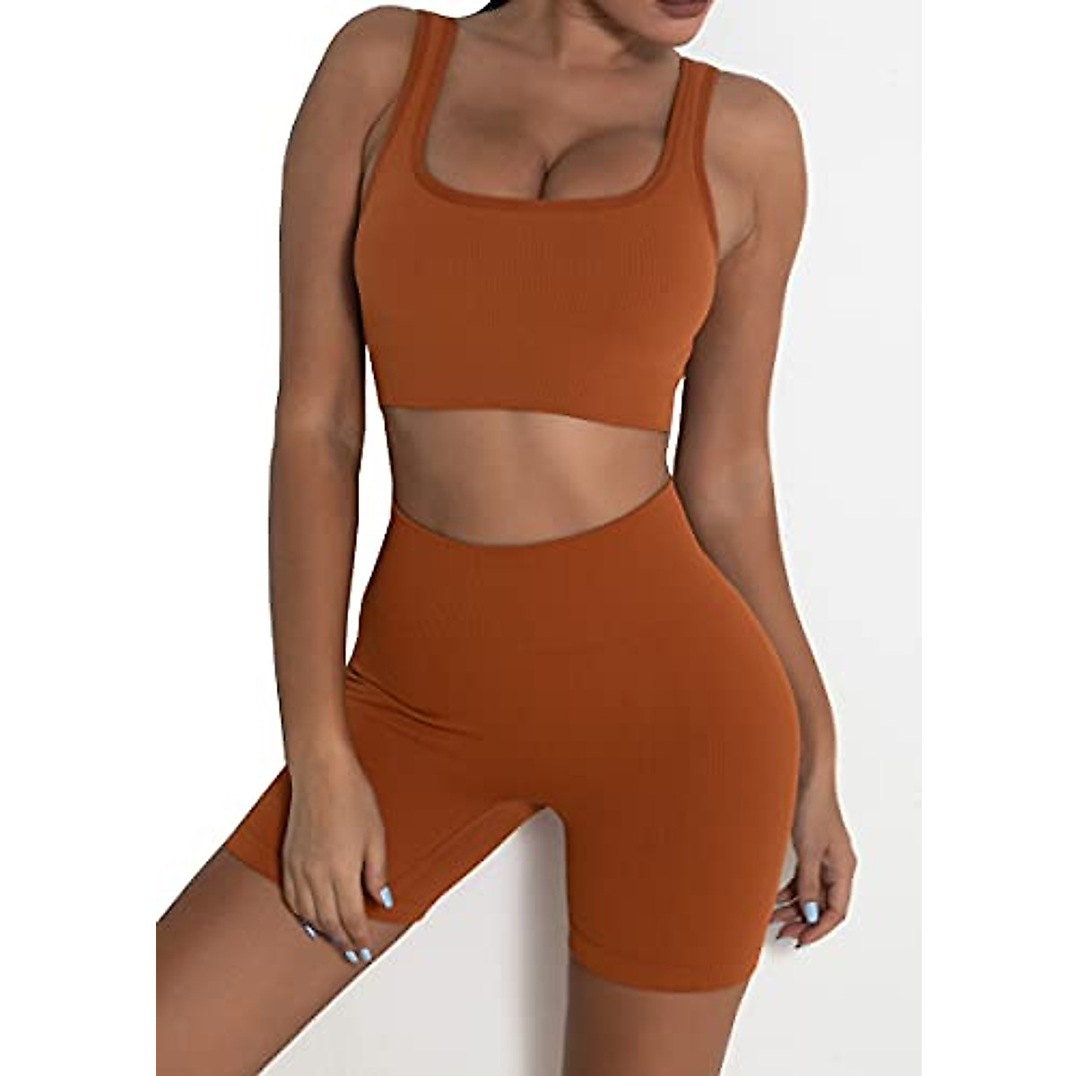 Women's Seamless Ribbed Crop Tank and Tummy Control Biker Shorts Jumpsuit Romper Set 2 Piece Workout Outfit Coffee L
