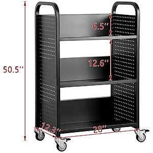 HHAA HA Library Rolling Book Cart with 3 Flat Shelves,Book Truck with Swivel Lockable Casters for Home,Office and School (Black)