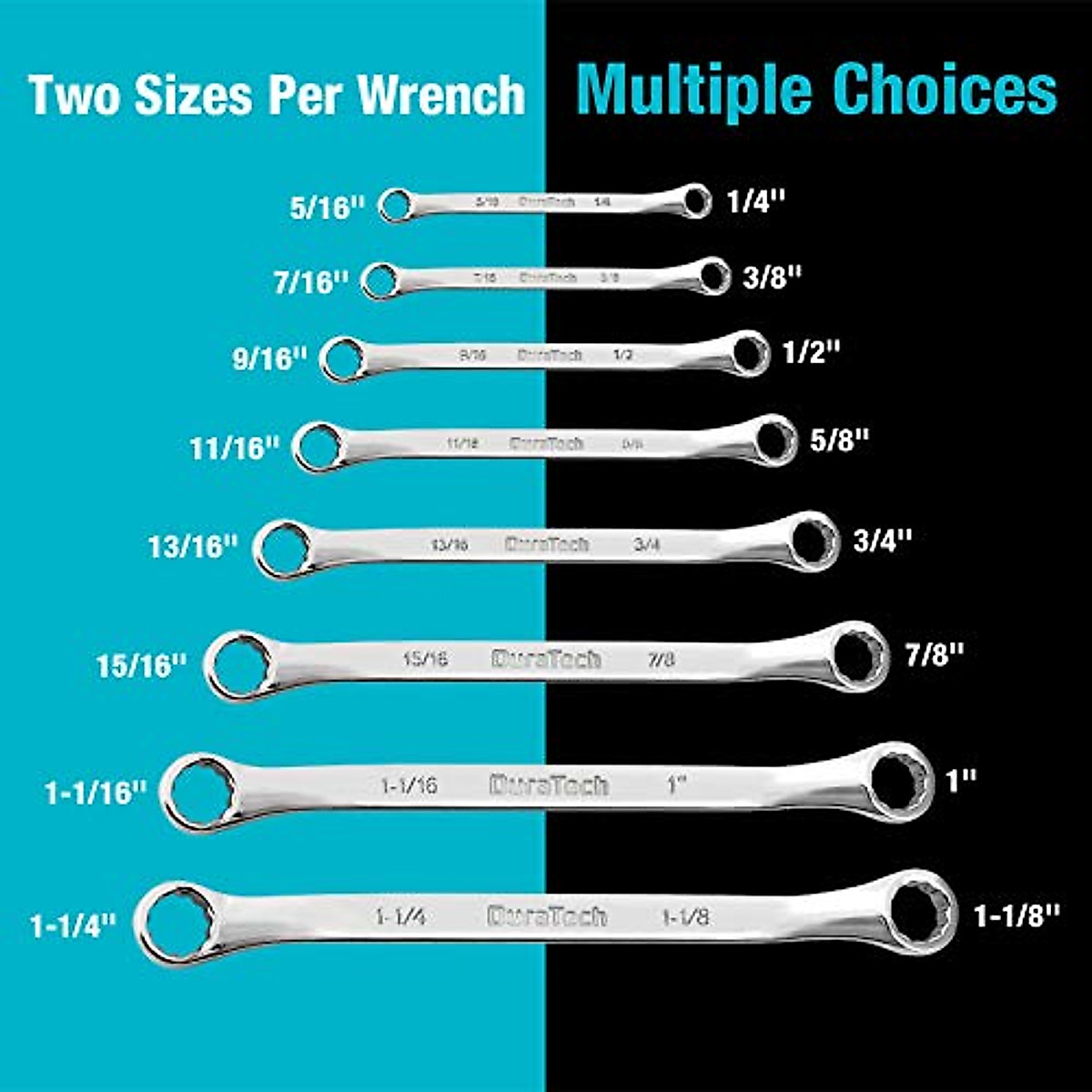 DURATECH 50-Degree Offset Wrench Set, SAE, Double Box End Wrench Set, 8-Piece, 1/4'' to 1-1/4'', 12 Point, CR-V Steel, with Easy Hang Rolling Pouch