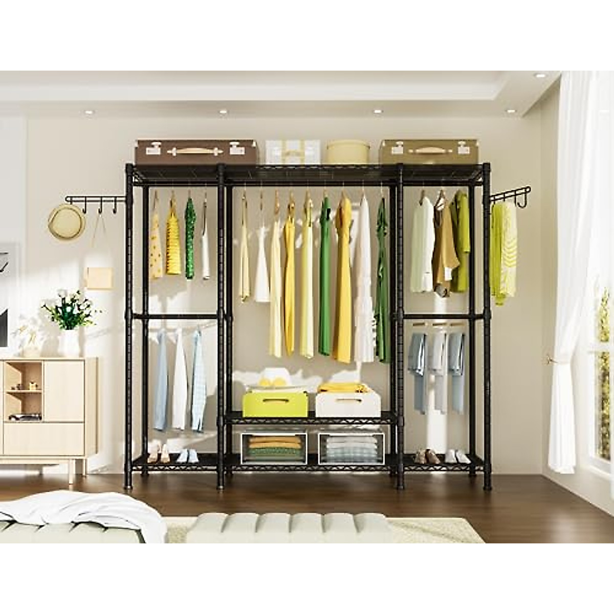 Ulif E3 Heavy Duty Garment Rack, 4 Tiers Freestanding Closet Organizer System with 5 Shelves, Metal Closet Organizer and Storage System for Clothes, Max Load 650lbs, 57.1"W x 14.5"D x 77.3"H, Black