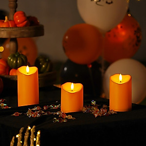 Homemory Halloween Orange Flameless Candles, Fall Candles, Outdoor Waterproof Flickering Battery Operated LED Pillar Candles with Remote and Timers, Won't Melt Plastic, Set of 3