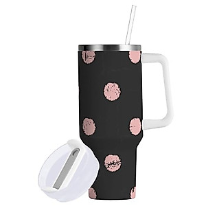 Stainless Steel Tumblers 40 Oz with Straw and Handle, Pink Polka Dots Black Vintage Travel Coffee Tumbler