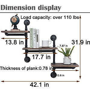 tonchean Industrial Rustic Shelving Wall Wood Pipe Ladder Floating Shelves Wall Mounted Corner Shelves for Bathroom Kitchen Office-Pipe Shelves with Wood Planks