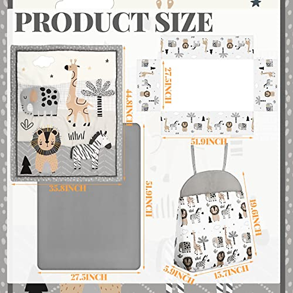 4 Piece Woodland Forest Animals Crib Bedding Set, Including Jungle Safari Crib Skirt, Blanket, Crib Sheet and Diaper Stacker, Soft Neutral Nursery Standard Size Baby Bedding for Baby Girls and Boys