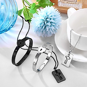 Hicarer 2 Sets Couple Heart Charm Lock Bracelet and Key Necklace Lock Matching Bangle Titanium Steel Couples Jewelry Set for Valentine's Day Wedding Anniversary (Classic Styles)