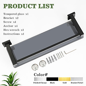 Alise Glass Bathroom Shelf, Matte Black Tempered Glass Shelves for Bathroom, Stainless Steel Modern Bathroom Floating Shelves Wall Mounted, 16 inch