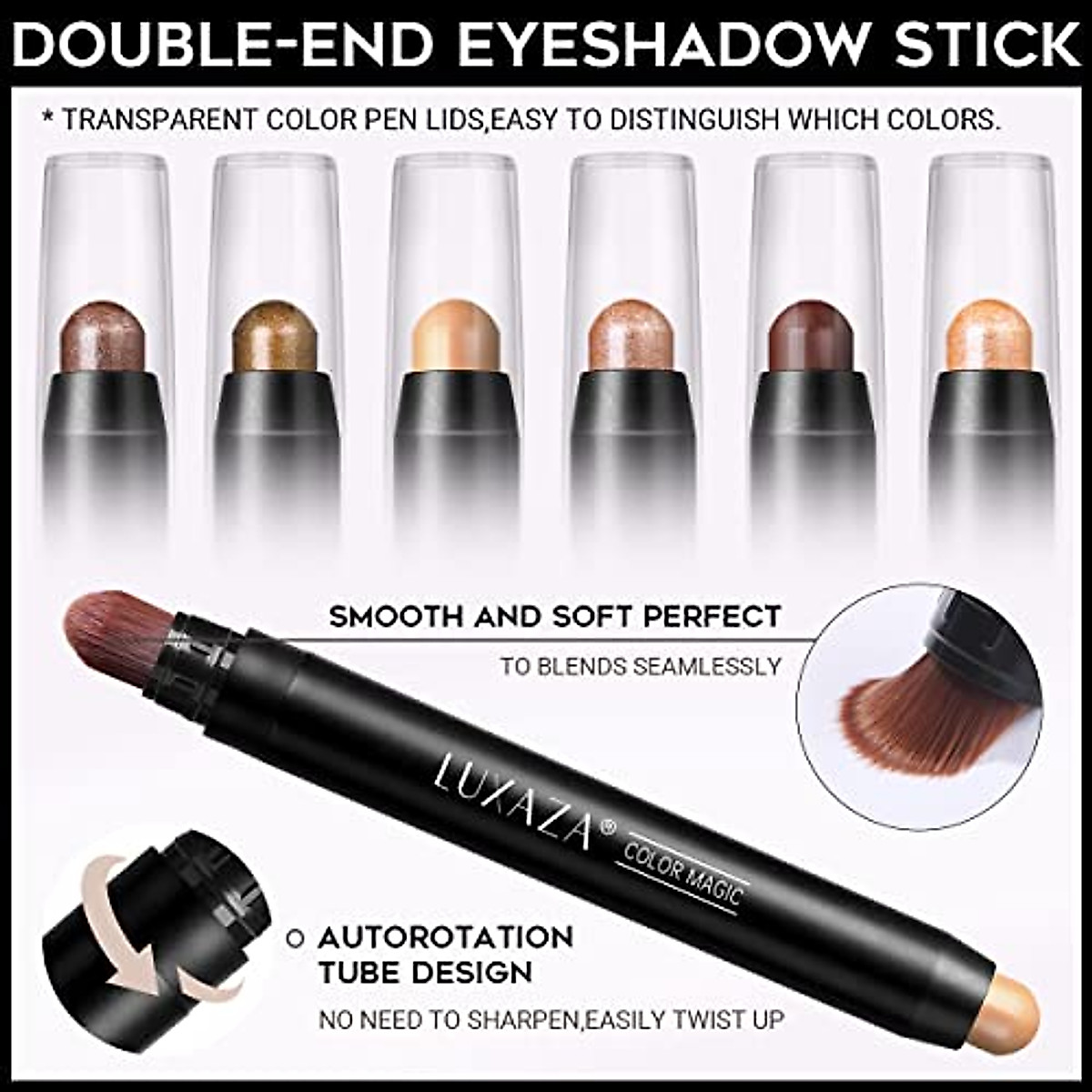 LUXAZA 6 PCS Brown Neutral Metallic Eyeshadow Stick,Champagne Brown Cream Shimmer Pencil Crayon,Eye Brightener Stick Highlighter Eye Liner Pen,Pro Waterproof & Long Lasting Eye Shadow Stick Makeup