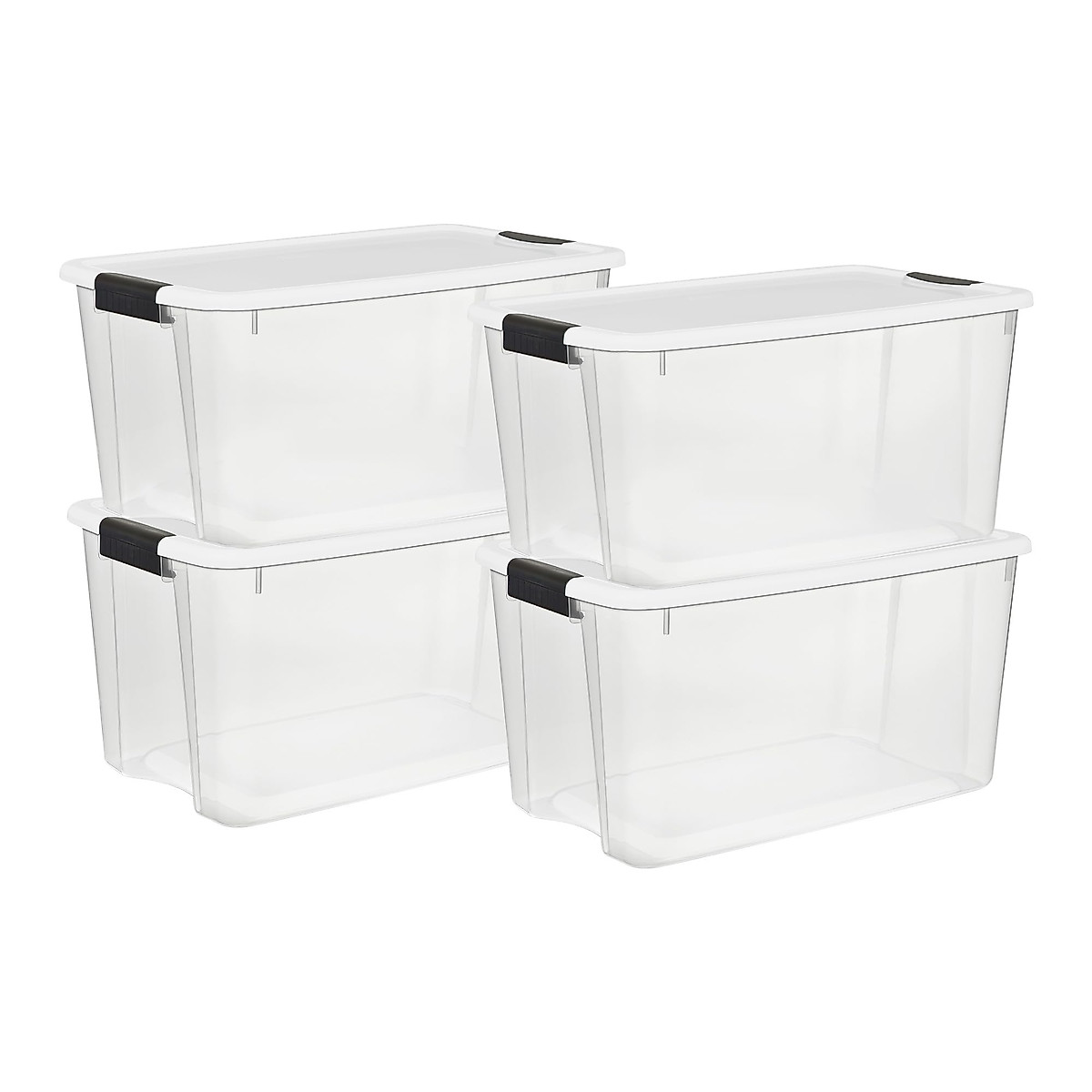 Sterilite 70 Qt Clear Plastic Stackable Storage Bin w/White Latching Lid Organizing Solution, 4 Pack