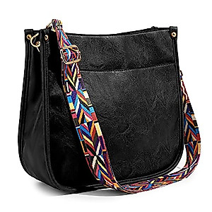 Vegan Leather Medium Crossbody Bags for Women Cross Body Purses Women's Crossbody Handbags Guitar Strap Purse Shoulder Underarm Hobo Bag Adjustable Straps Replacement Fashion Retro Casual Black