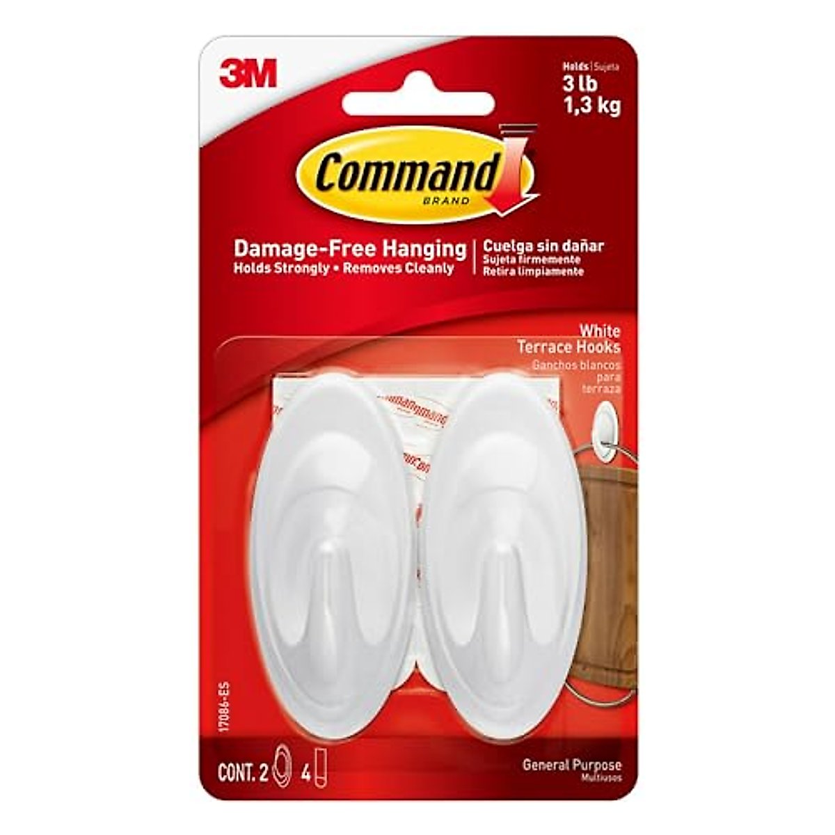 Command White Terrace Hooks, 2 Hooks with 4 Command strips, Holds up to 3 lb, Damage Free Hanging Wall Hooks with Adhesive Strips, No Tools Wall Hooks for Hanging Decorations in Living Spaces