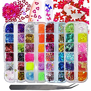 LoveOurHome Nail Glitters Sequins Set Mixed Shaped Holographic Heart Butterfly Neon Star Chunky Glitter Flakes Accessories Manicure Sticker Decorations for Makeup Crafts Resin Nails