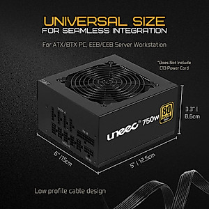 Uneec 750 Watt Power Supply 80 Plus Gold Fully Modular PC ATX Computer PSU 750W with UL CE Quality Standards, Quiet Cooling Fan, Supports Gaming STI Crossfire Game, Dual CPU, Active PFC Auto Adapter