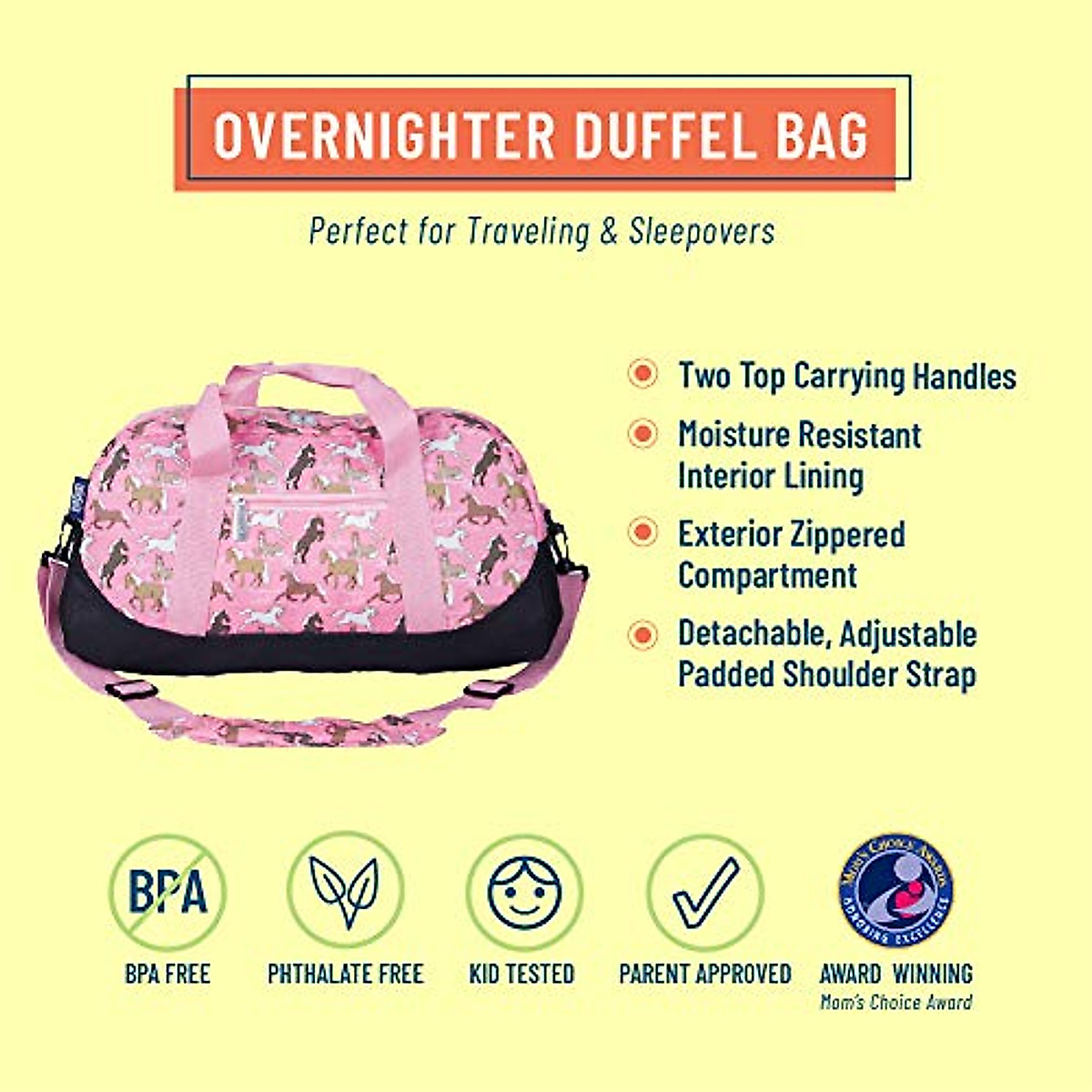 Wildkin Kids Overnighter Duffel Bags for Boys & Girls, Perfect for Early Elementary Sleepovers Duffel Bag for Kids, Carry-On Size & Ideal for School Practice or Overnight Travel Bag (Horses in Pink)
