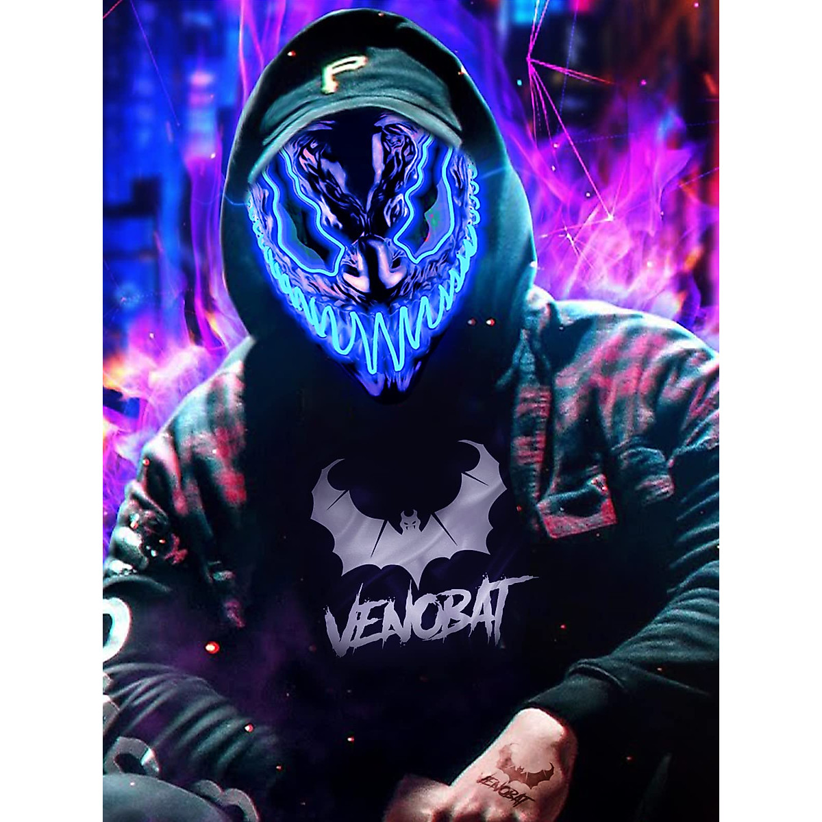 Quanquer LED Light Up Mask for Adults Kids, Unique Neon Glow Masks with Dark and Evil Glowing Eyes, Conspicuous Menacingly Cool Halloween Costume for Men Women Cosplay-Blue