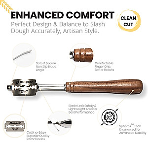 Handcrafted Bread Lame Made of Rich Dark Walnut Wood - Superior Handgrip Design for Easy Use & Clean Cuts - Natural Cork Storage Case with 10 Replaceable Quality Blades