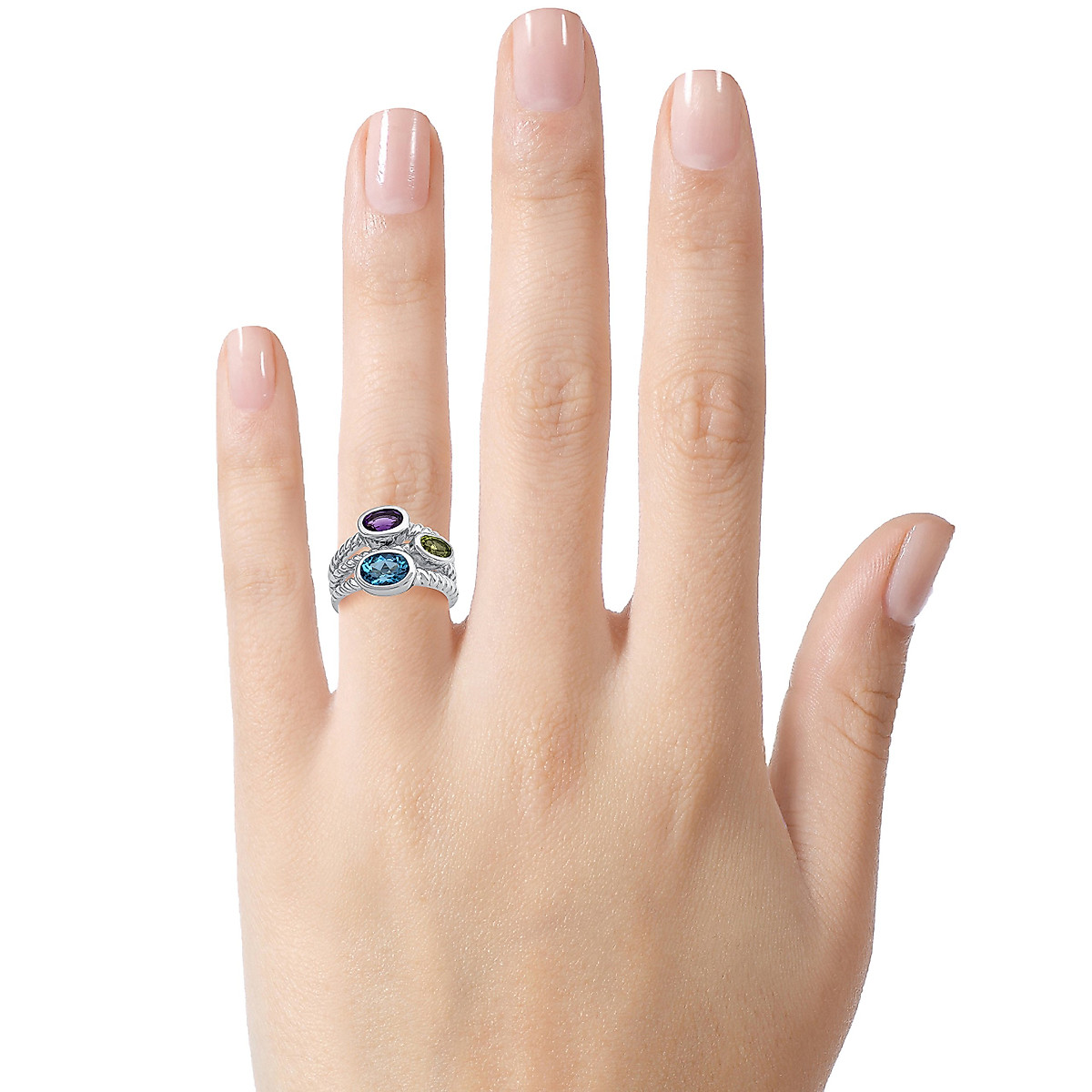 FJC Finejewelers Amethyst, Peridot, and Blue Topaz Ring Sterling Silver Size 7.5