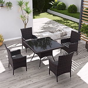 Delnavik 5PCS Patio Outdoor Dining Set, Wicker Patio Furniture Set of 4 Rattan Chairs with Soft Cushions and Square Table with Umbrella Cutout, Grey