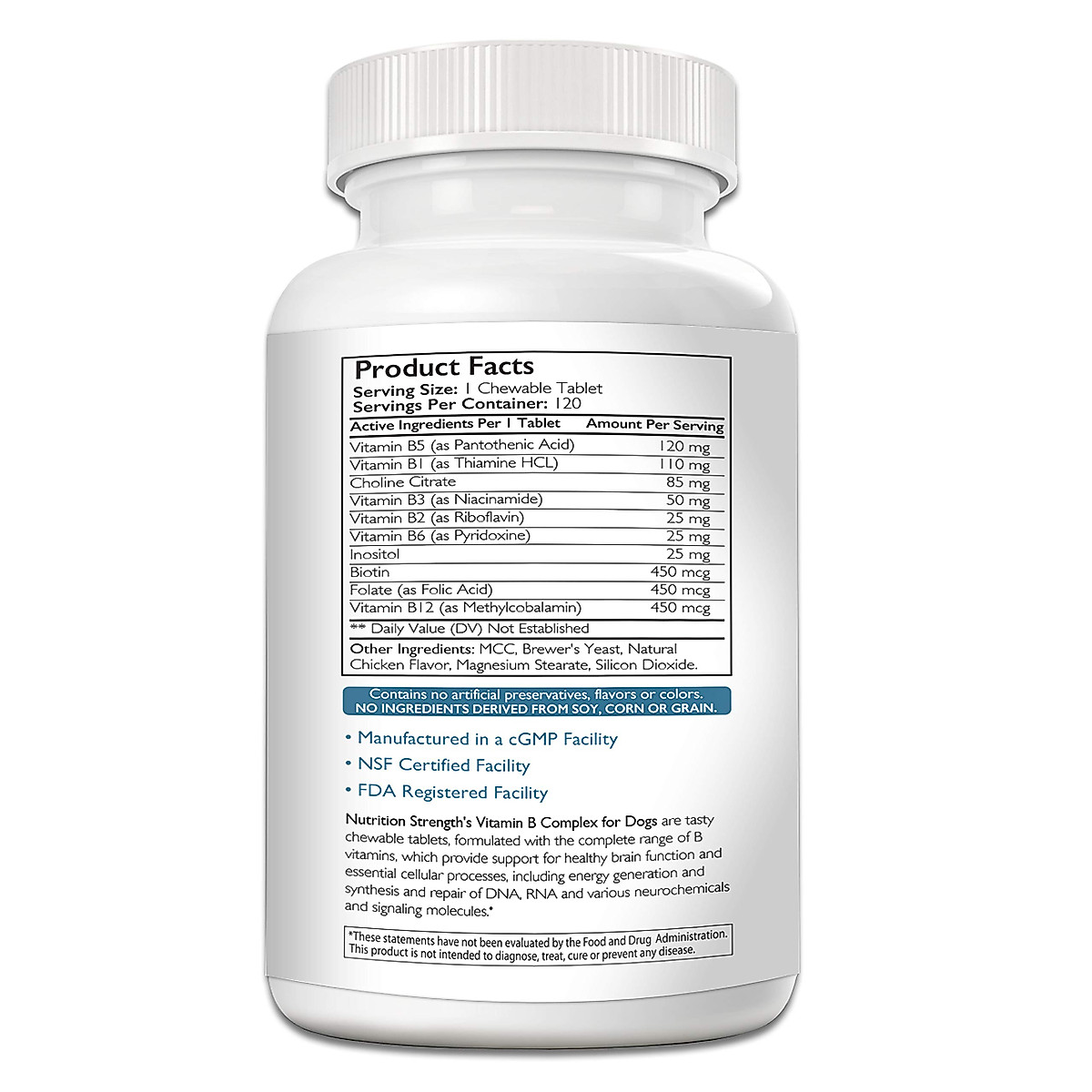 Nutrition Strength Vitamin B for Dogs, Complete B Complex for Dogs, Promote Blood Cell & Nervous System Health, Help Sustain Cellular Energy Production & Maintain Brain Function, 120 Chewable Tablets