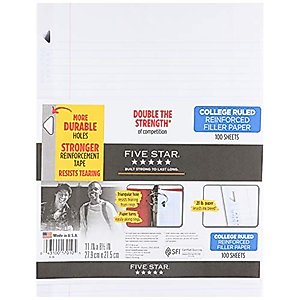 Five Star Filler Paper, College Ruled, Reinforced, Loose Leaf Paper, 11 x 8.5", 100 Sheets/Pack Pack Of 3, 17010
