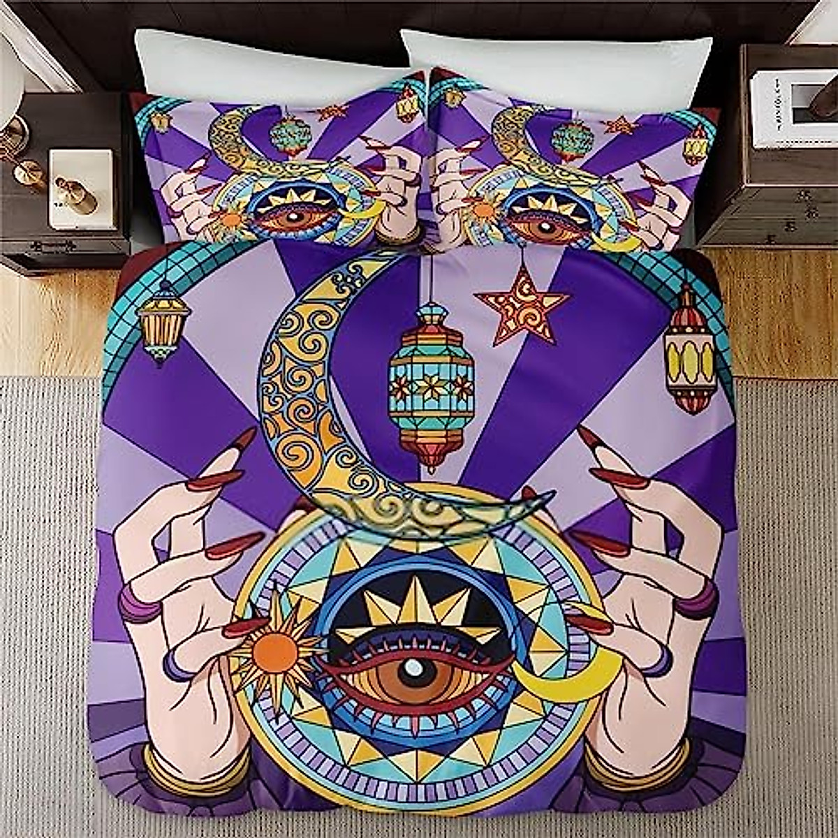 Duvet Cover Full Size, Mushroom Mandala Flower Vintage Bedding Set with Zipper Closure for Kids and Adults, Geometric Red Pink Comforter Cover with 2 Pillow Shams for Bedroom Bed Decor