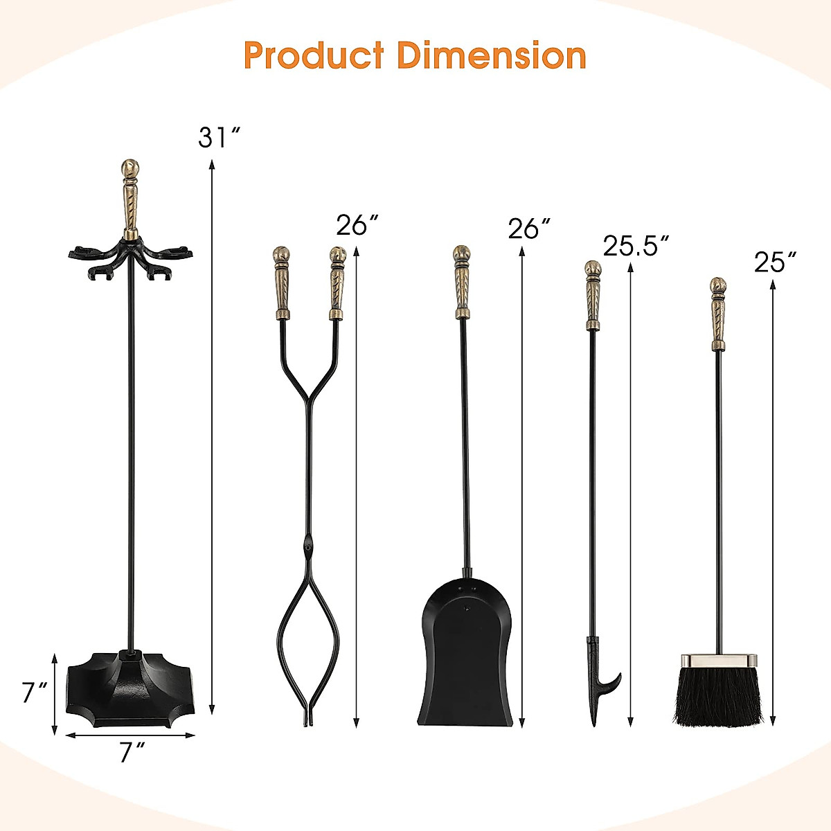 Tangkula 5 Pieces Fireplace Tools Wrought Iron Toolset 4 Tools & Decor Holder Indoor Outdoor Tong,Poker, Base, Shovel,Brush Fireplaces Hearth Accessories