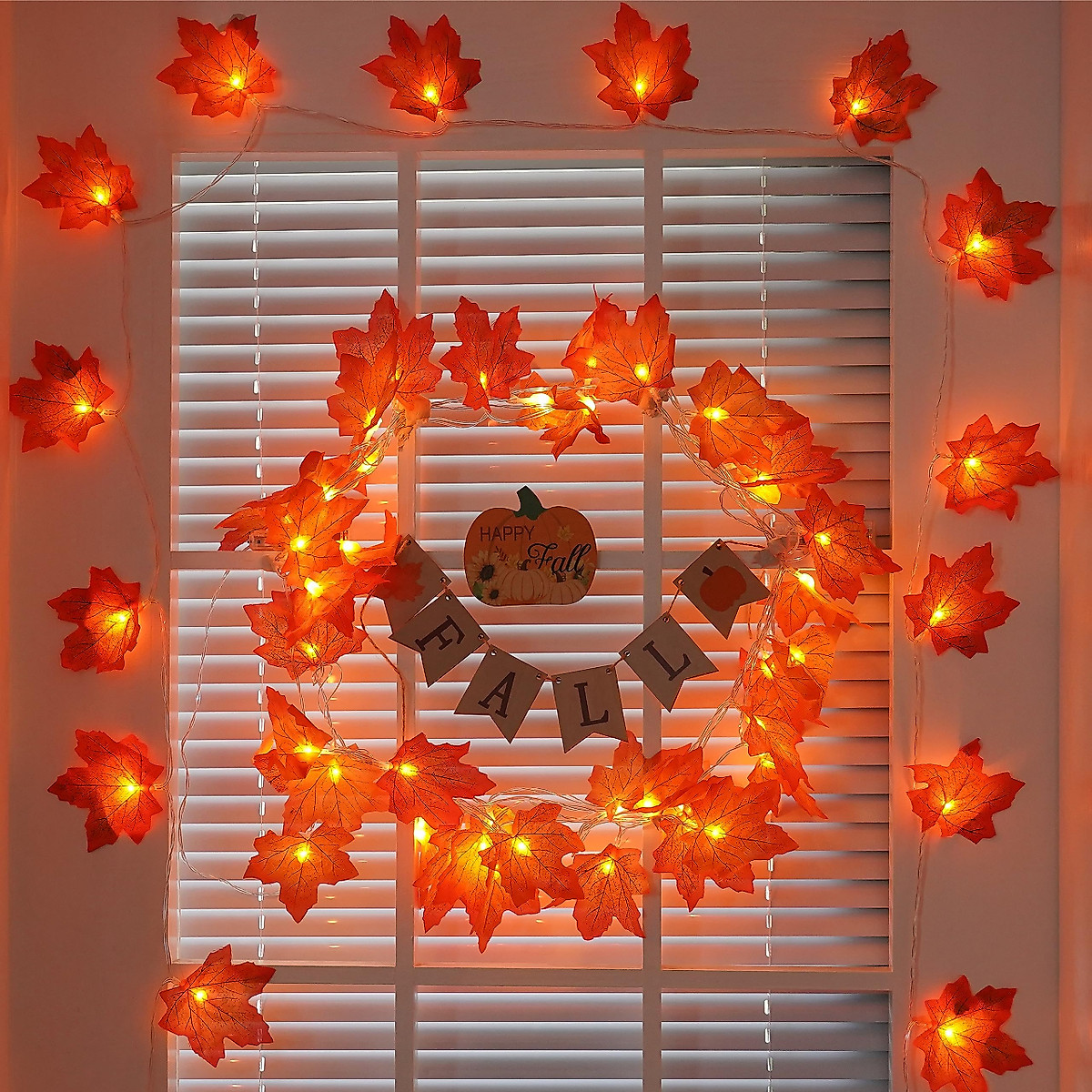 YEGUO 4 PCS Fall Decorations for Home, Thanksgiving Lights Battery Operated, Total 40ft 80 LED Lighted Fall Garland Maple Leaves for Halloween Holiday Autumn Harvest Fall Thanksgiving Decor