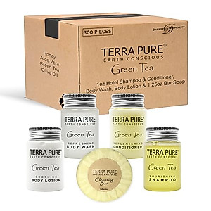 Terra Pure Hotel Soaps & Toiletries Bulk Set | 1-Shoppe Amenities Kit | 1oz Shampoo & Conditioner, Body Wash, Lotion, 1.25oz Bar Soap | Travel Size | 300 Pieces