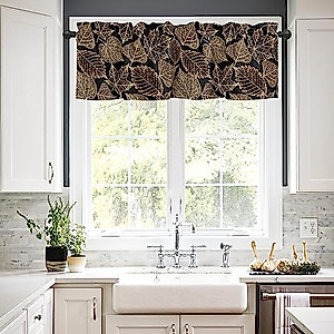 Thanksgiving Fall Valance Curtains for Living Room/Bedroom/Bathroom/Kitchen Window,Rod Pocket Tiers Small Curtain Drape Window Panel Treatment,Gold Autumn Maple Leaves Black Backdrop Valance 54"x18"