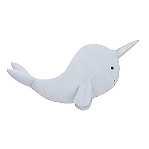 NoJo Light Blue Whimsical Narwhal Shaped Decorative Pillow with 3D Silver Metallic Horn, Light Blue, Silver