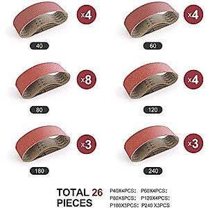 Jellas 26PCS 3 x 21-Inch Aluminum Oxide Sanding Belts, 40/60/80/120/180/240 Assorted Grits Abrasive Belts for Belt Sander