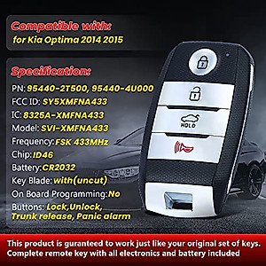 Aichiyu Smart Remote Key Fob Replacement for Kia Optima 2014 2015 4 Buttons FSK 433Mhz ID46 Chip, FCC ID: SY5XMFNA433, Model: SVI-XMFNA433, P/N: 95440-2T500, 95440-4U000