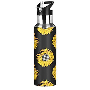 Oarencol Buffalo Sunflower Water Bottle Plaid Floral Stainless Steel Vacuum Insulated Thermos with Straw Lid 20 Oz